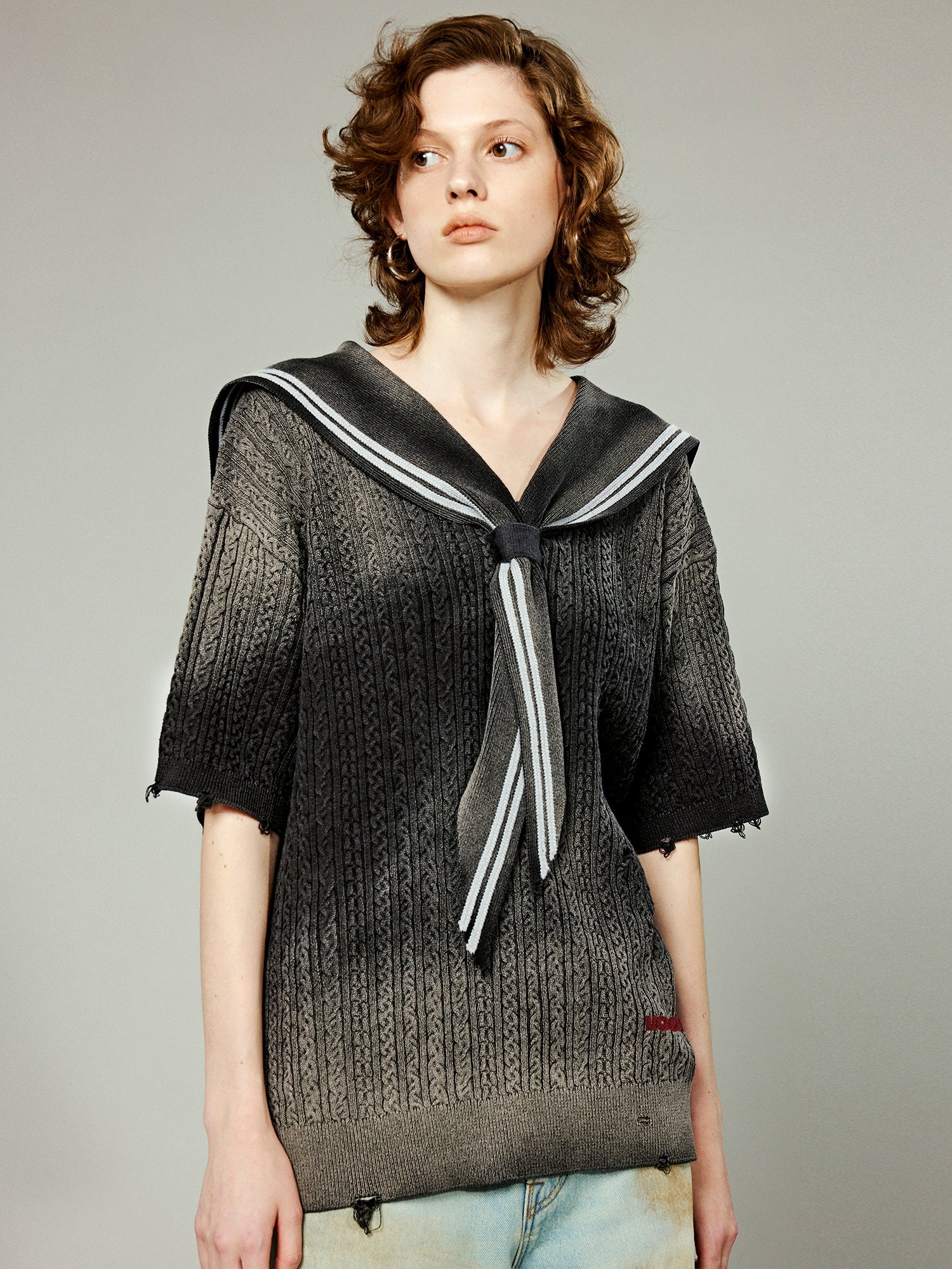 Washed cable knit sailor collar sweater t-shirt – UOOYAA