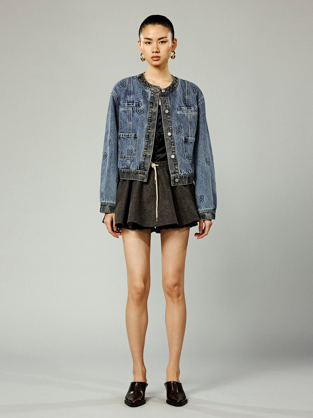 Chinese-style denim collarless jacket – UOOYAA